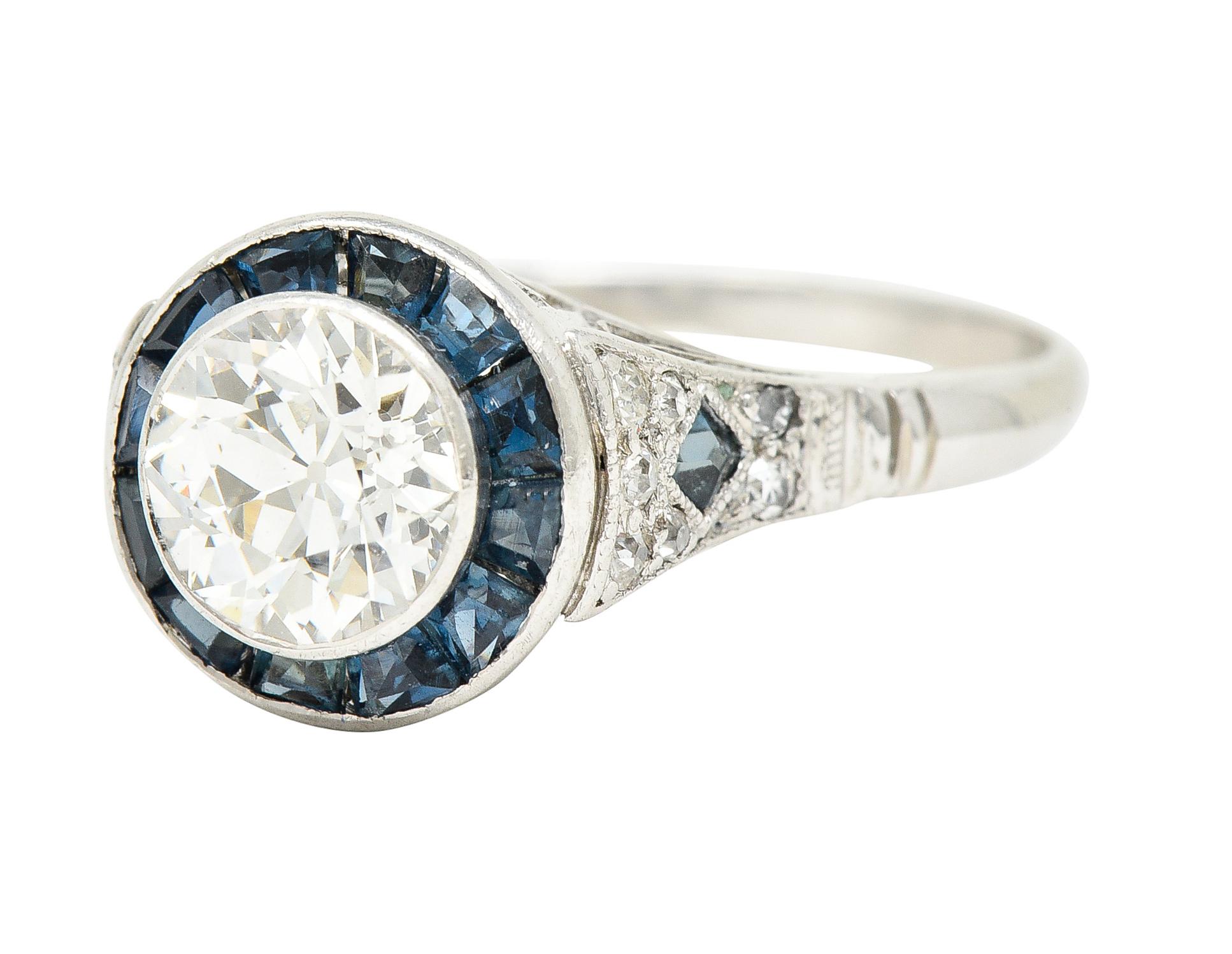 Art Deco 1.22 Carats Old European Cut Diamond Sapphire Halo Engagement ...