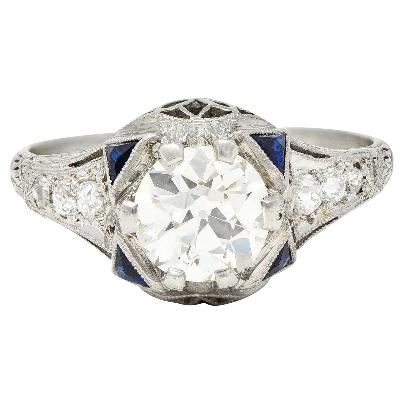 Art Deco 1.27 Carats Diamond Sapphire Platinum Lotus Foliate Engagement ...