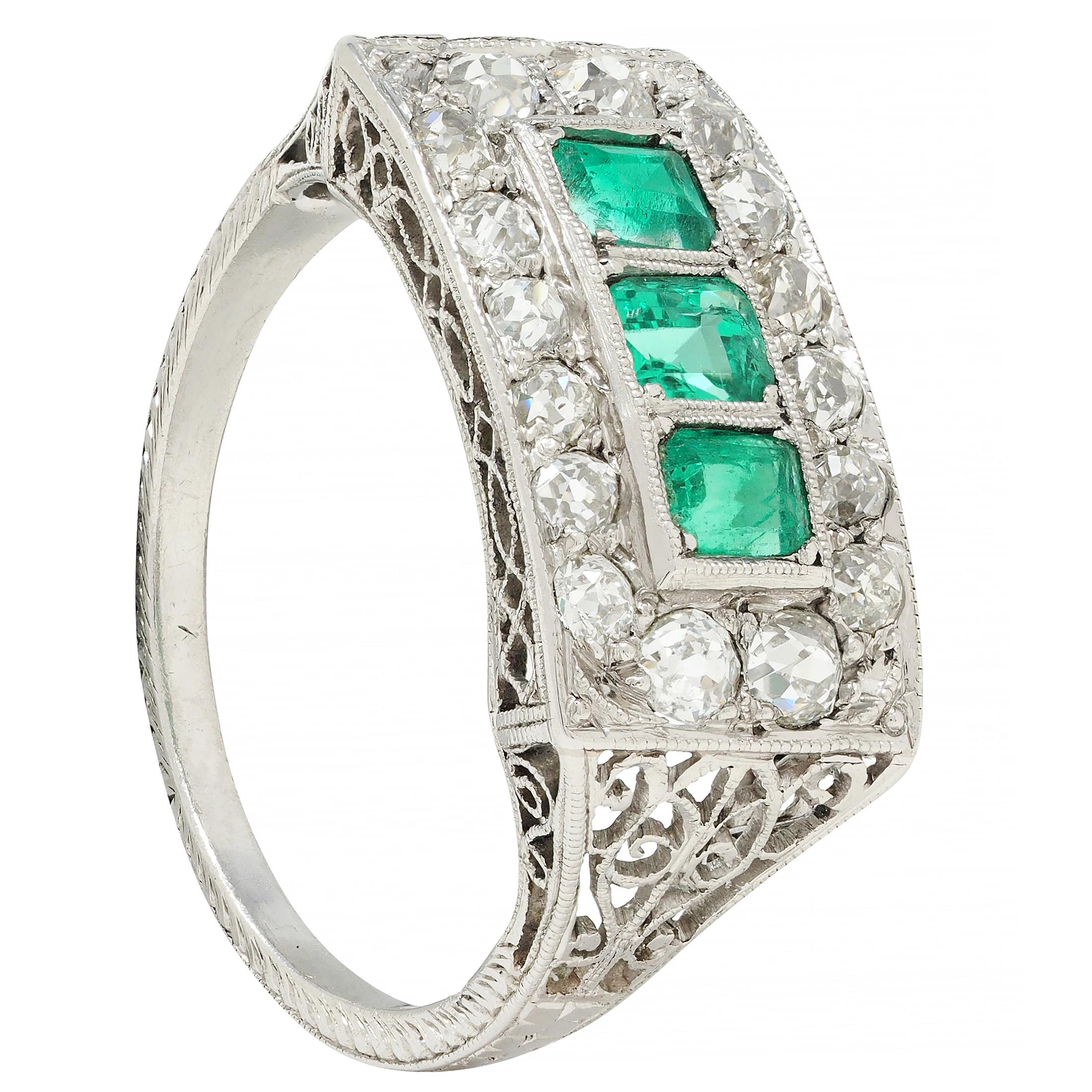 Art Deco 1.27 CTW Emerald Diamond Platinum Scrolling Antique Band Ring ...