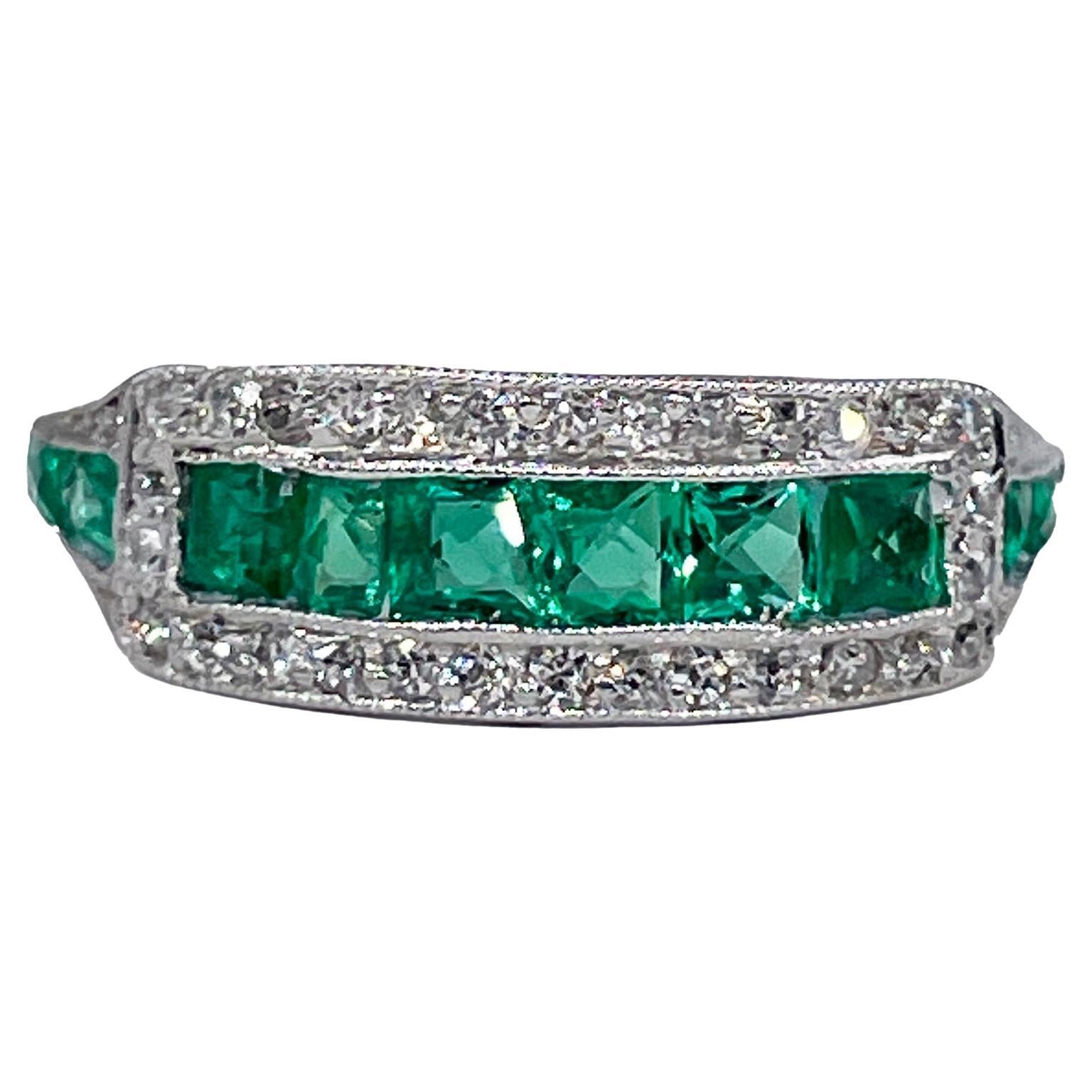 Art Deco 1.30ct Emerald and Dia Wedding Engagement Anniversary Platinum ...