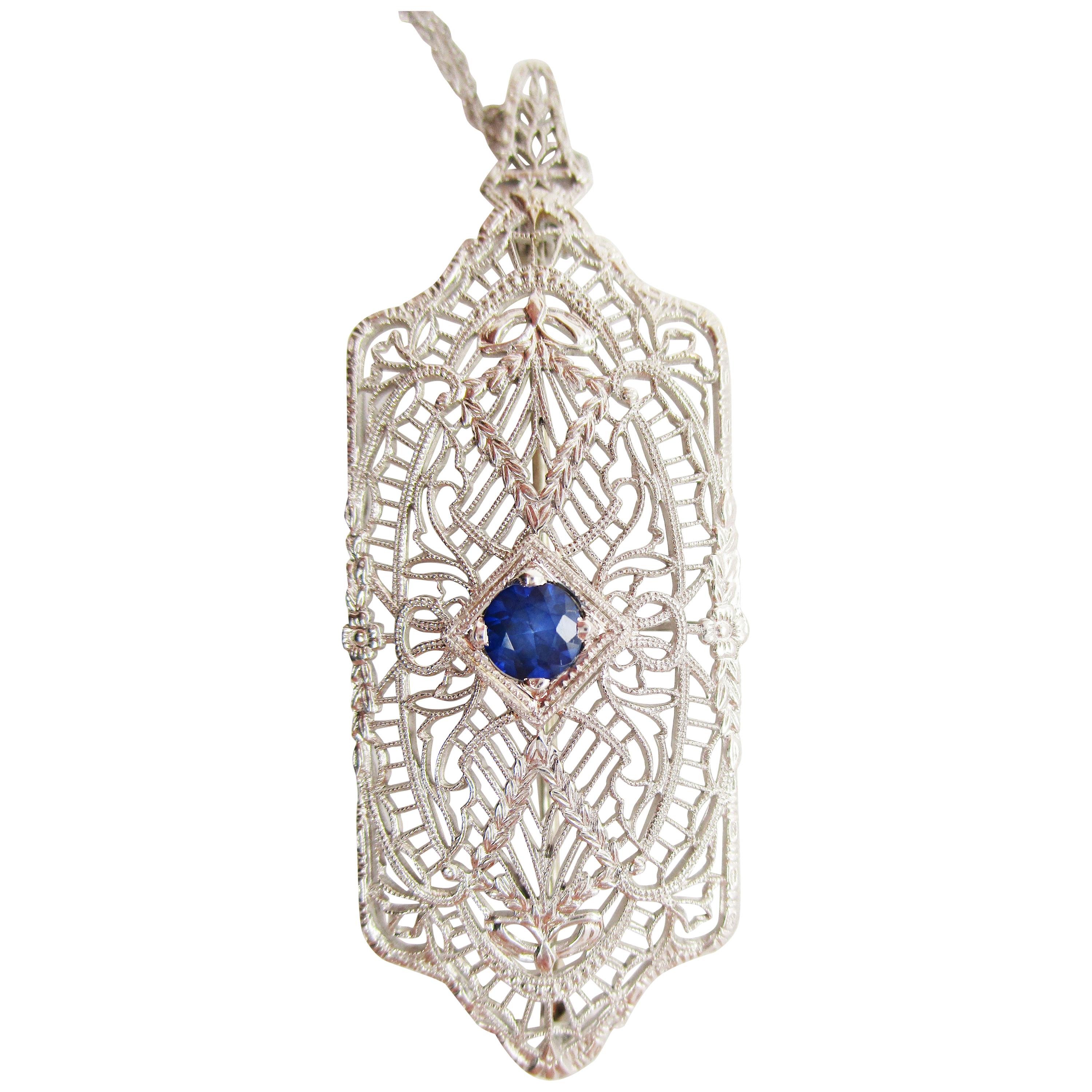 Art Deco 14 Karat White Gold Filigree Sapphire Pin Pendant at 1stDibs