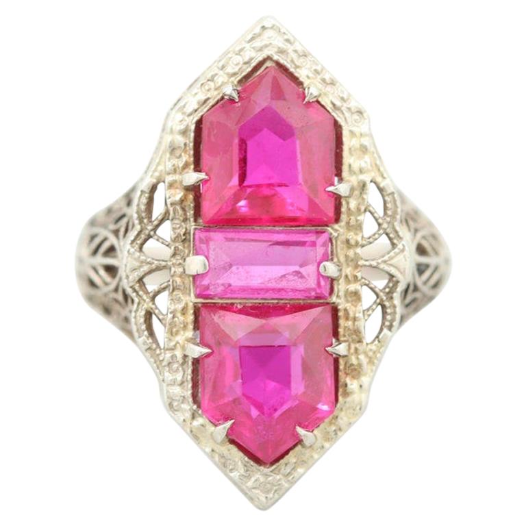 Art Deco 14 Karat White Gold Synthetic Ruby Shield Filigree Openwork ...