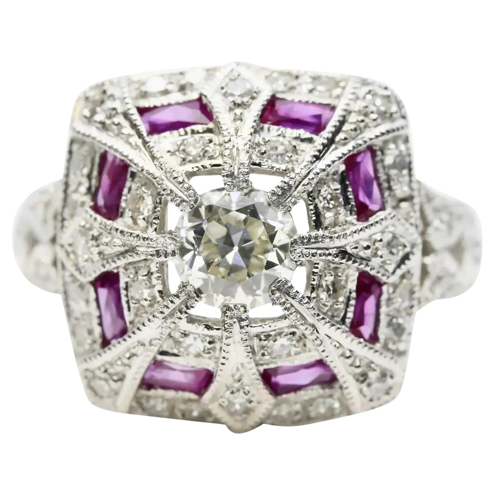 Art Deco 1.08ctw Champagne Diamond and Ruby Engagement Ring in Platinum ...