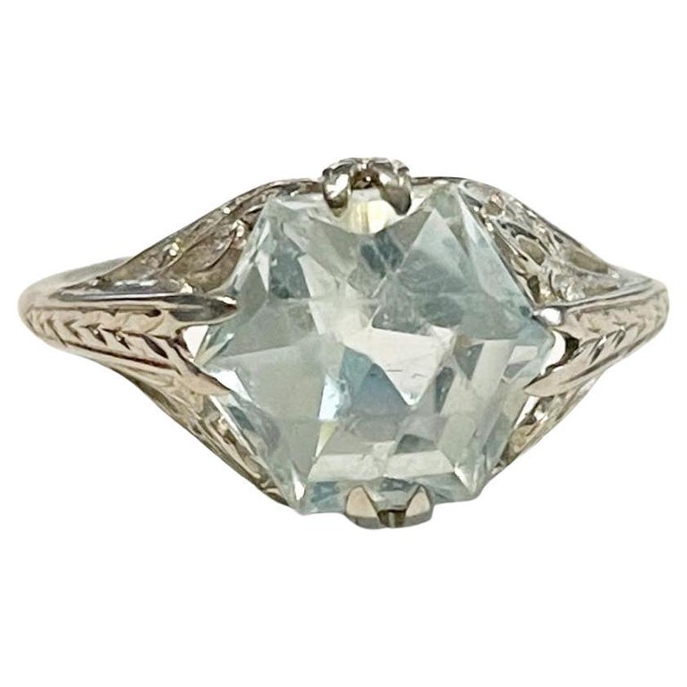 Art Deco 14K White Gold Filigree Open Work and Hexagon Cut Pale Blue ...