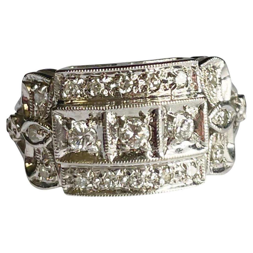 Art Deco 14k White Gold Round Brilliant Three Stone Bow Design Diamond ...