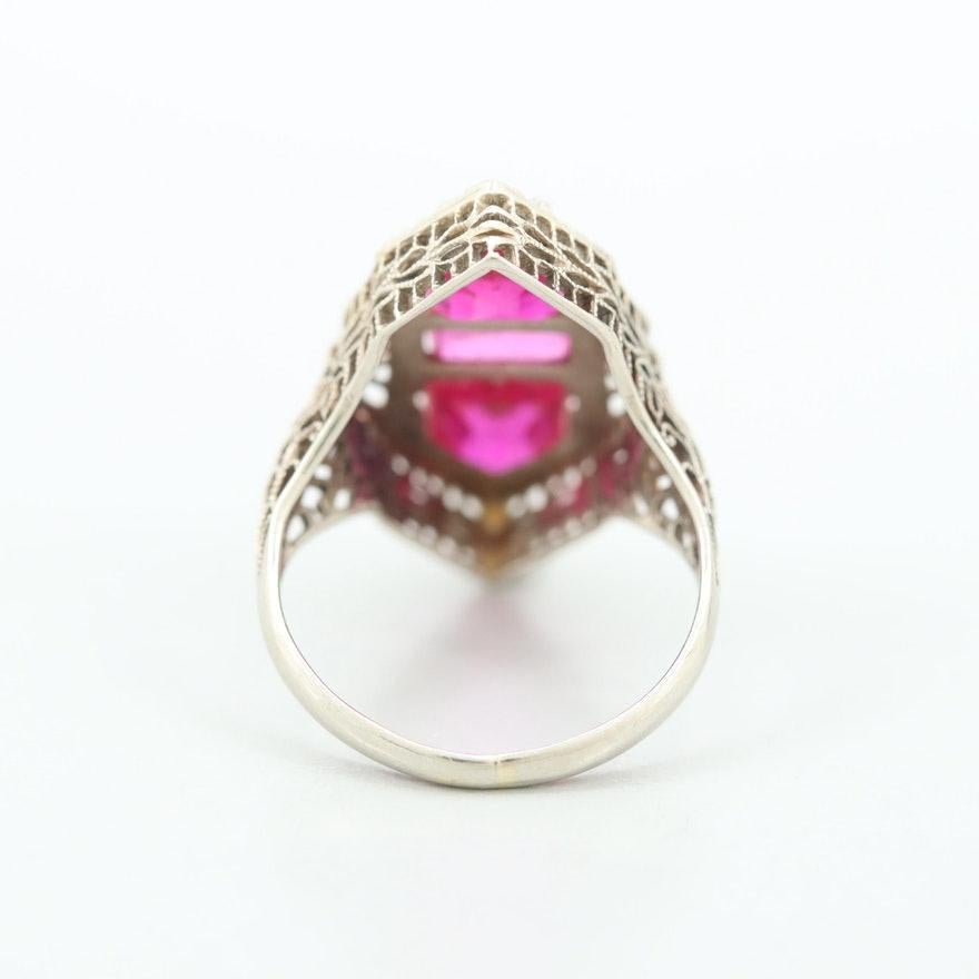 Art Deco 14 Karat White Gold Synthetic Ruby Shield Filigree Openwork ...