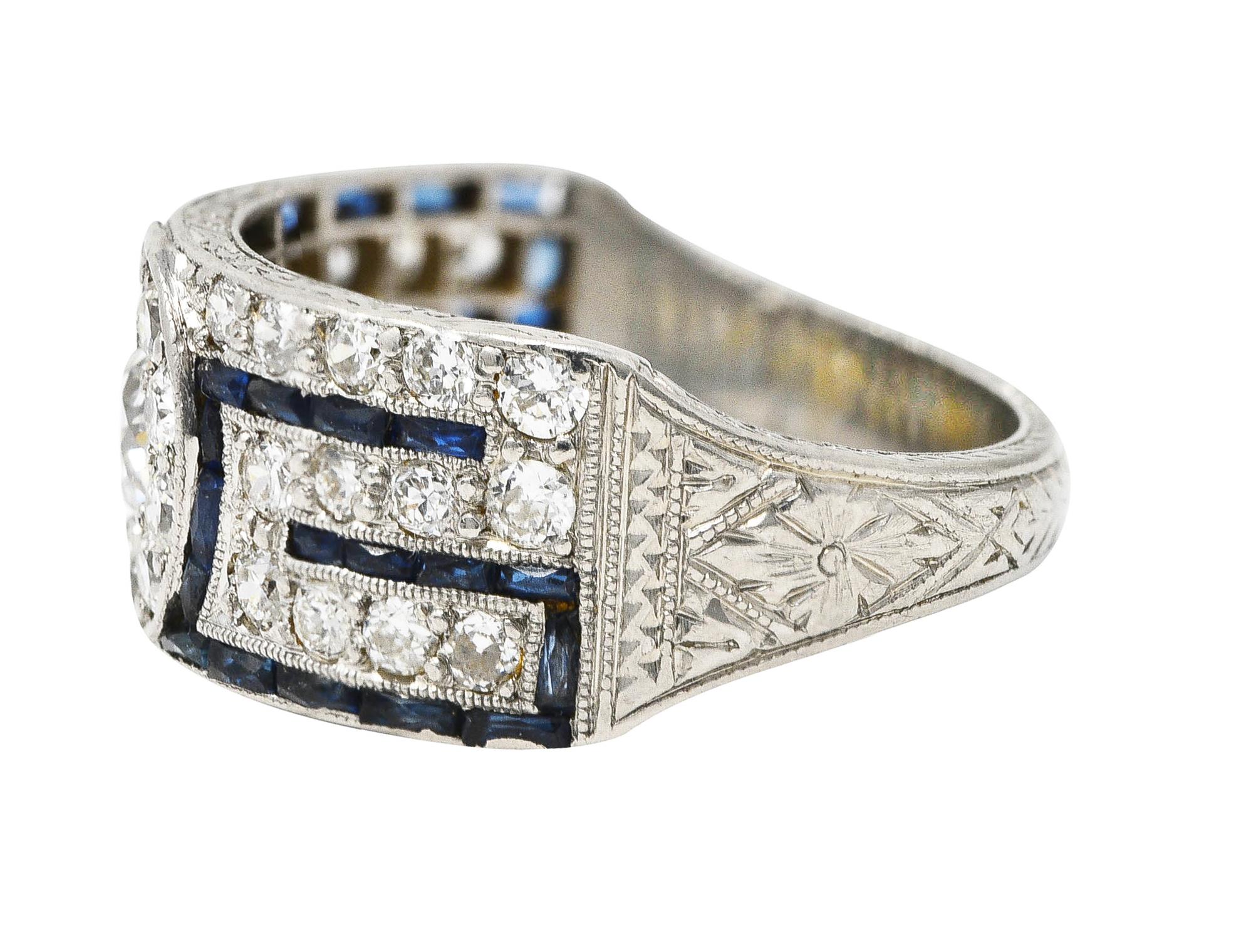 Art Deco 1.78 Carat Old European Cut Diamond Sapphire Greek Key ...