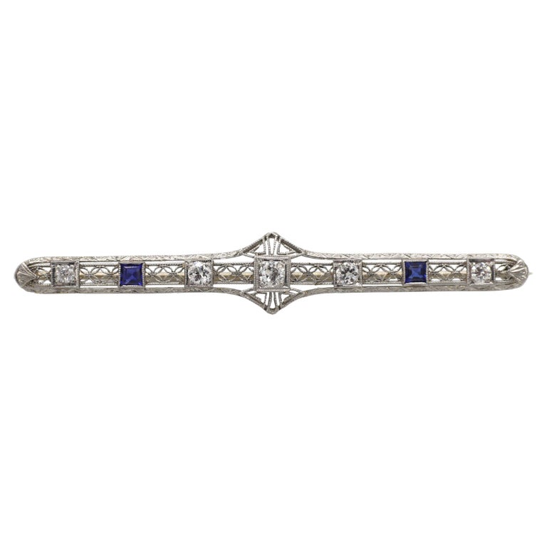Art Deco 18 Karat White Gold Diamond and Sapphire Filigree Bar Pin ...