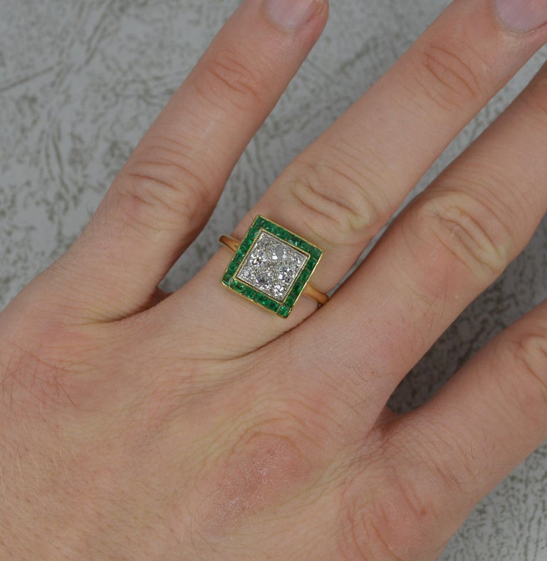 Art Deco 18ct Gold and Platinum Emerald and Diamond Panel Cluster Ring ...