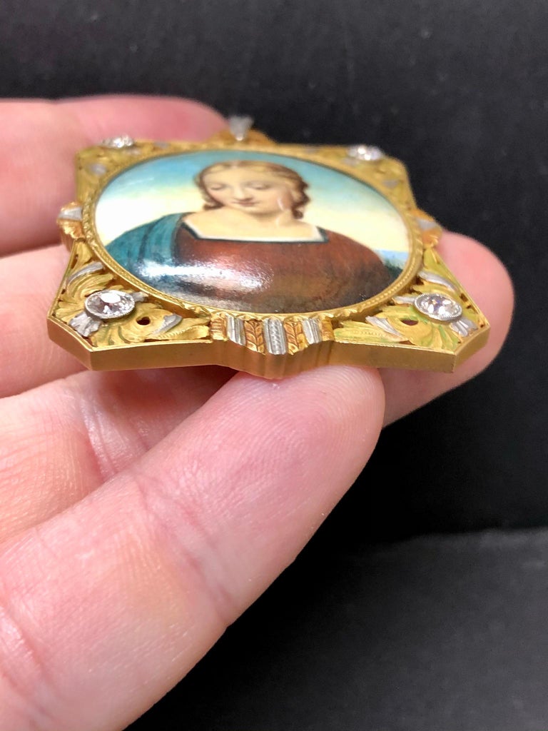 Art Deco 18k Platinum Tri Tone Painted Porcelain Mine Diamond Brooch ...