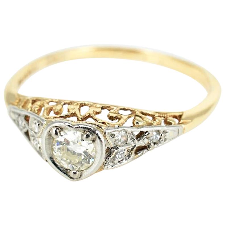 Art Deco 18 Karat Yellow Gold Platinum Diamond Heart Ring, 1930s For ...