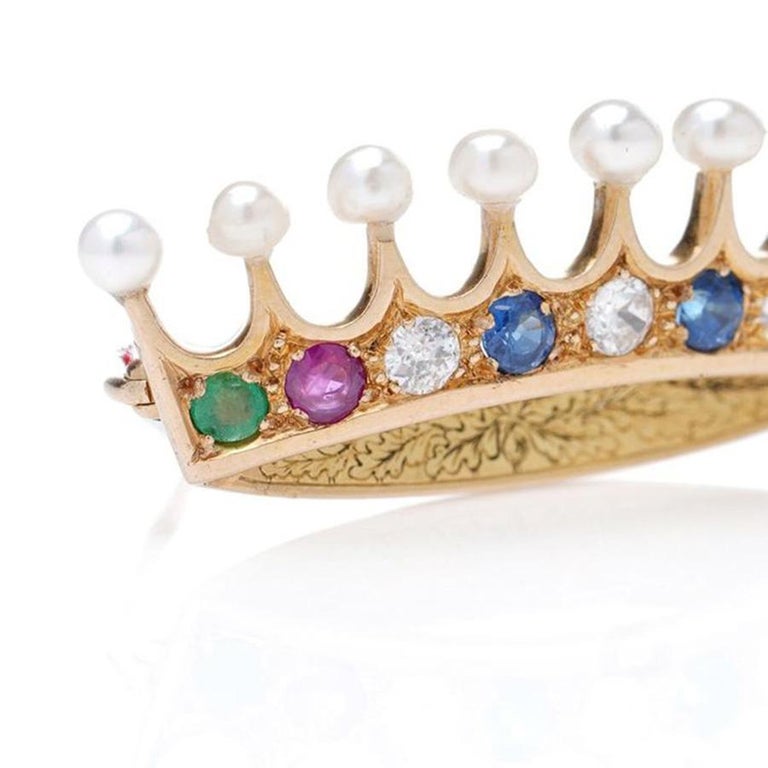 Art Deco 18kt. Yellow Gold Crown Brooch Set with Pearls and Multi ...