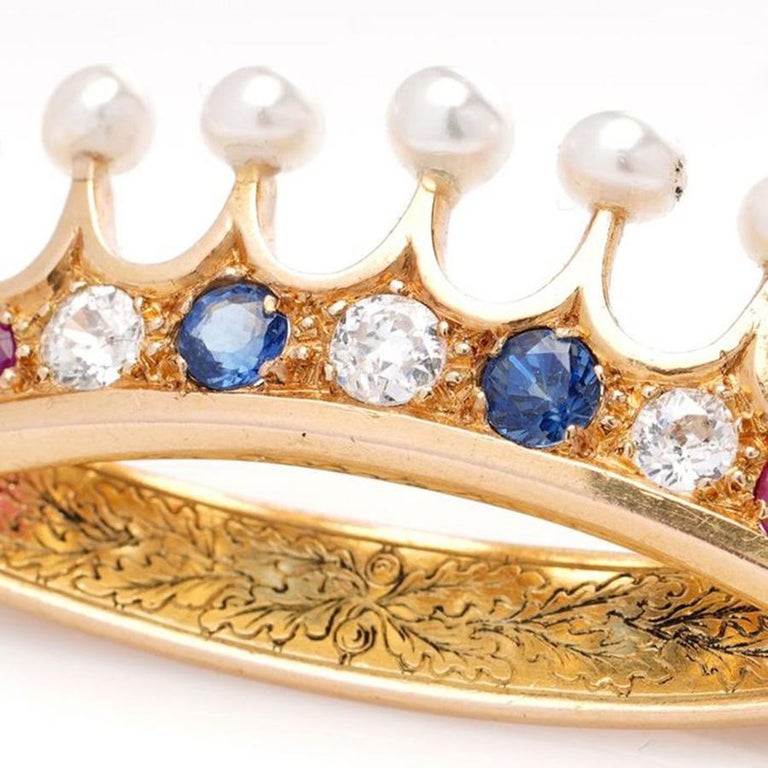 Art Deco 18kt. Yellow Gold Crown Brooch Set with Pearls and Multi ...