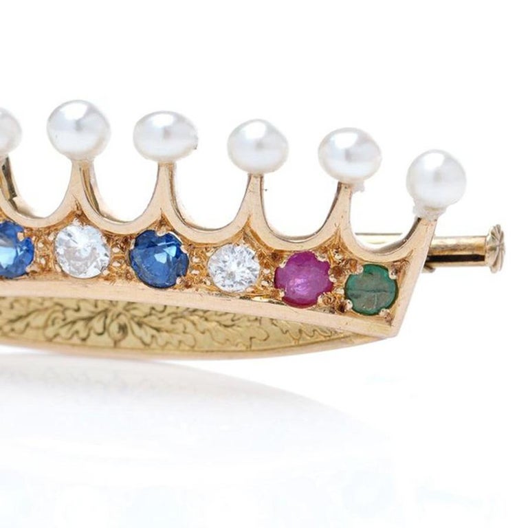 Art Deco 18kt. Yellow Gold Crown Brooch Set with Pearls and Multi ...