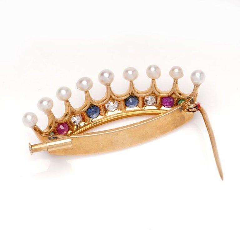 Art Deco 18kt. Yellow Gold Crown Brooch Set with Pearls and Multi ...