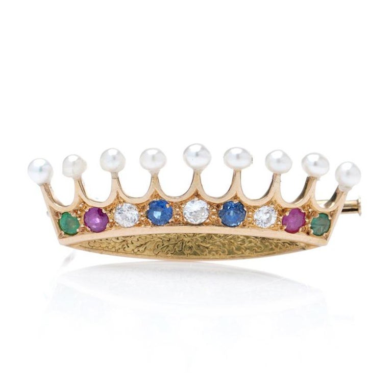 Art Deco 18kt. Yellow Gold Crown Brooch Set with Pearls and Multi ...