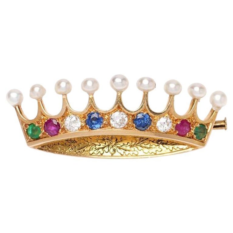 Art Deco 18kt. Yellow Gold Crown Brooch Set with Pearls and Multi ...
