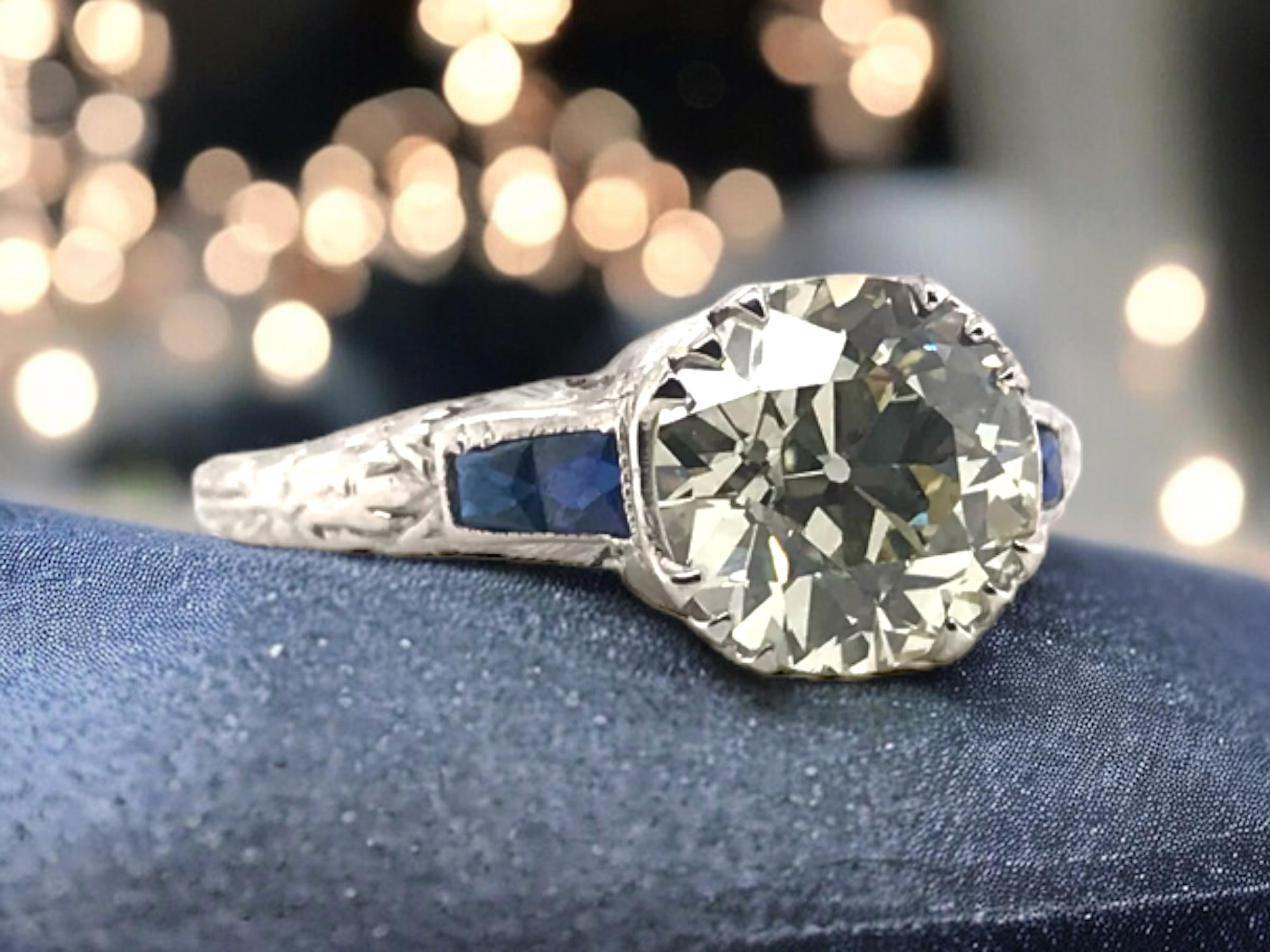 Art Deco 1.90 Carat Diamond and Sapphire Platinum Engagement Ring GIA ...