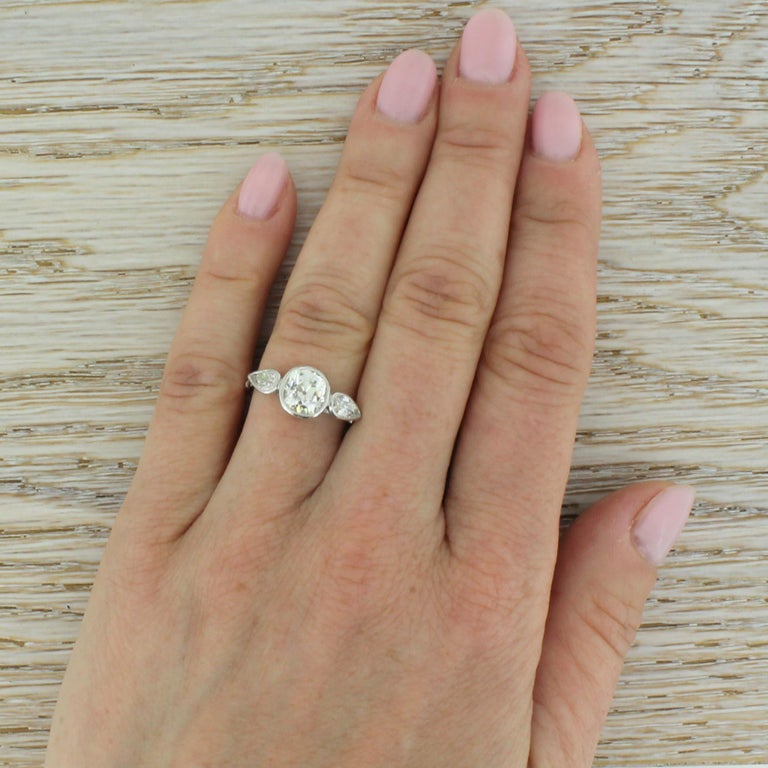 Art Deco 1.90 Carat Old Cushion and Old Pear Cut Diamond Trilogy Ring ...