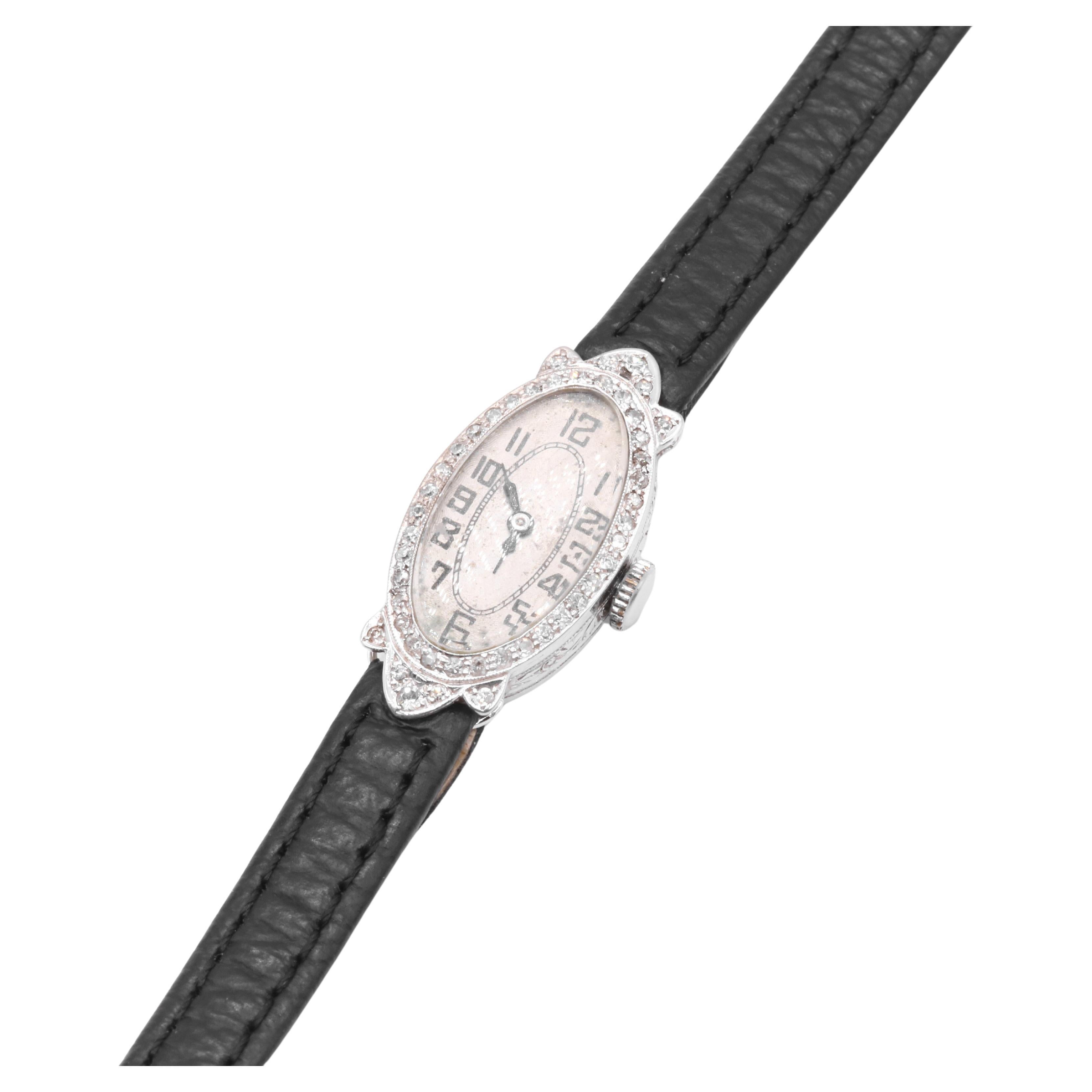 Art Deco 1920s 18K White Gold Diamond Watch with Black Leather Strap ...