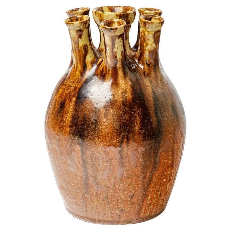 Art deco 1940 flower vase by Joseph Talbot La Borne brown and black ...