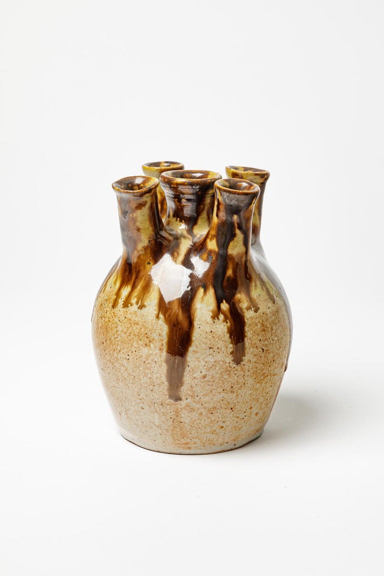 Art Deco 1940 Flower Vase by Joseph Talbot La Borne Brown and Black ...