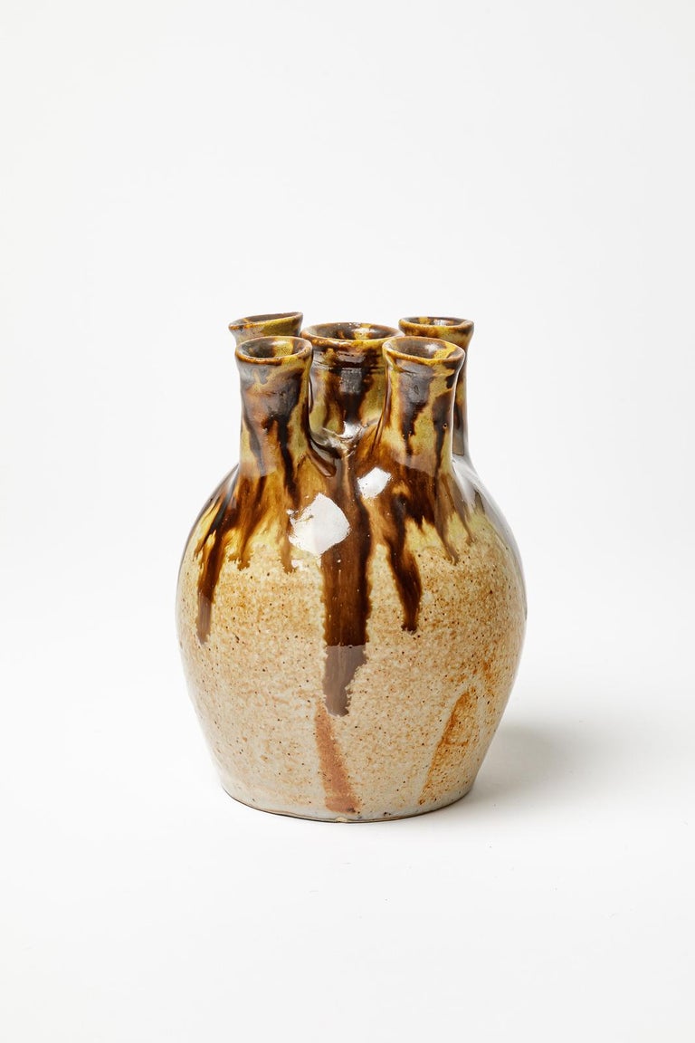 Art Deco 1940 Flower Vase by Joseph Talbot La Borne Brown and Black ...