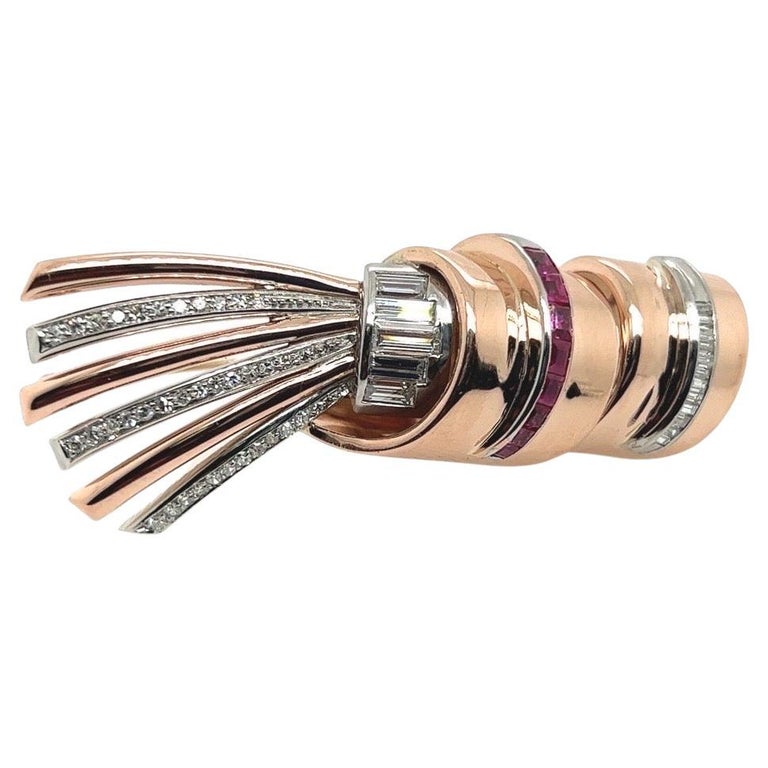 Retro 2 Carat Natural Diamond and Burmese Ruby Rose Gold Pin Pendant ...