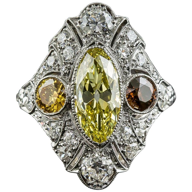 Art Deco 2.12 Carat Fancy Intense Yellow Moval Diamond Ring, GIA For ...