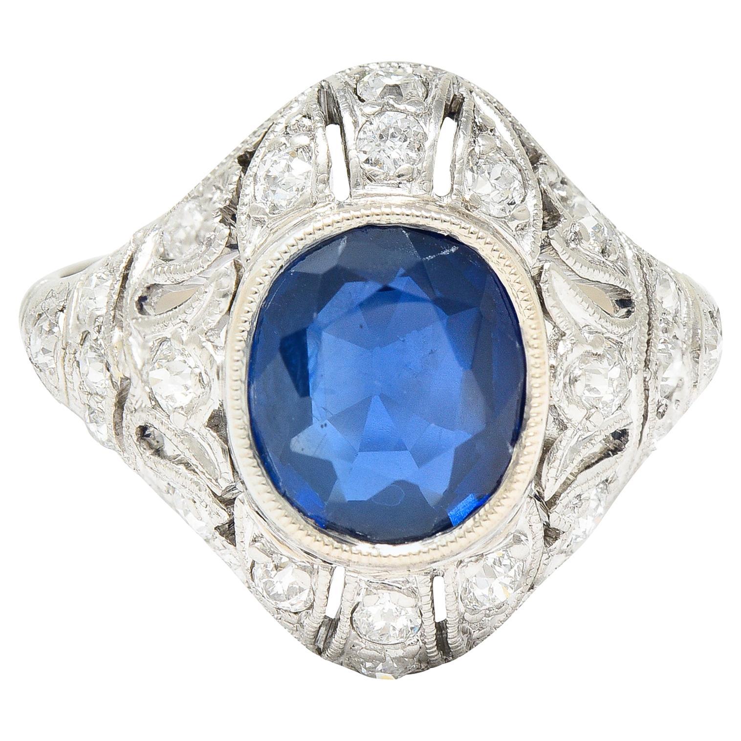 Art Deco 2.22 Carat Cushion Cut Sapphire Diamond Platinum Pierced ...