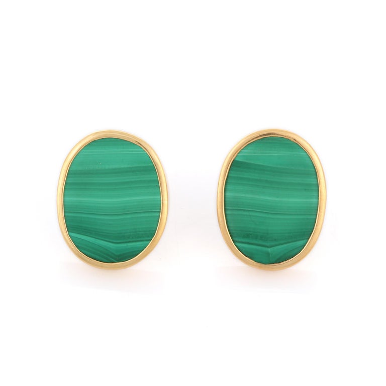 Art Deco Stye 23.1 Ct Malachite Stud Earrings Mounted with 18K Yellow ...