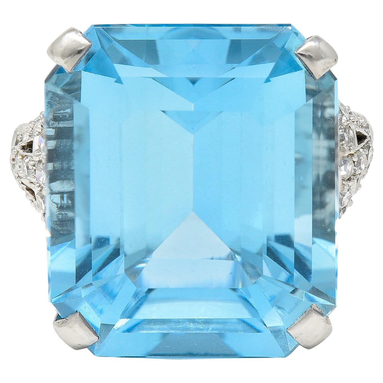 Art Deco Large Aquamarine Diamond Platinum Cocktail Ring at 1stDibs