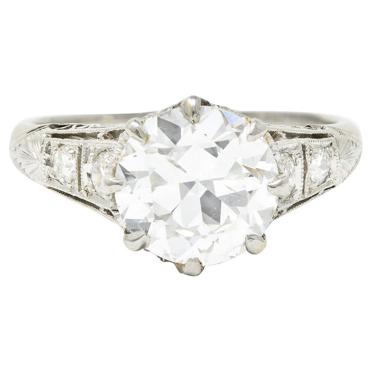 Art Deco 2.46 Carat Old European Cut Diamond Platinum Lotus Engagement ...