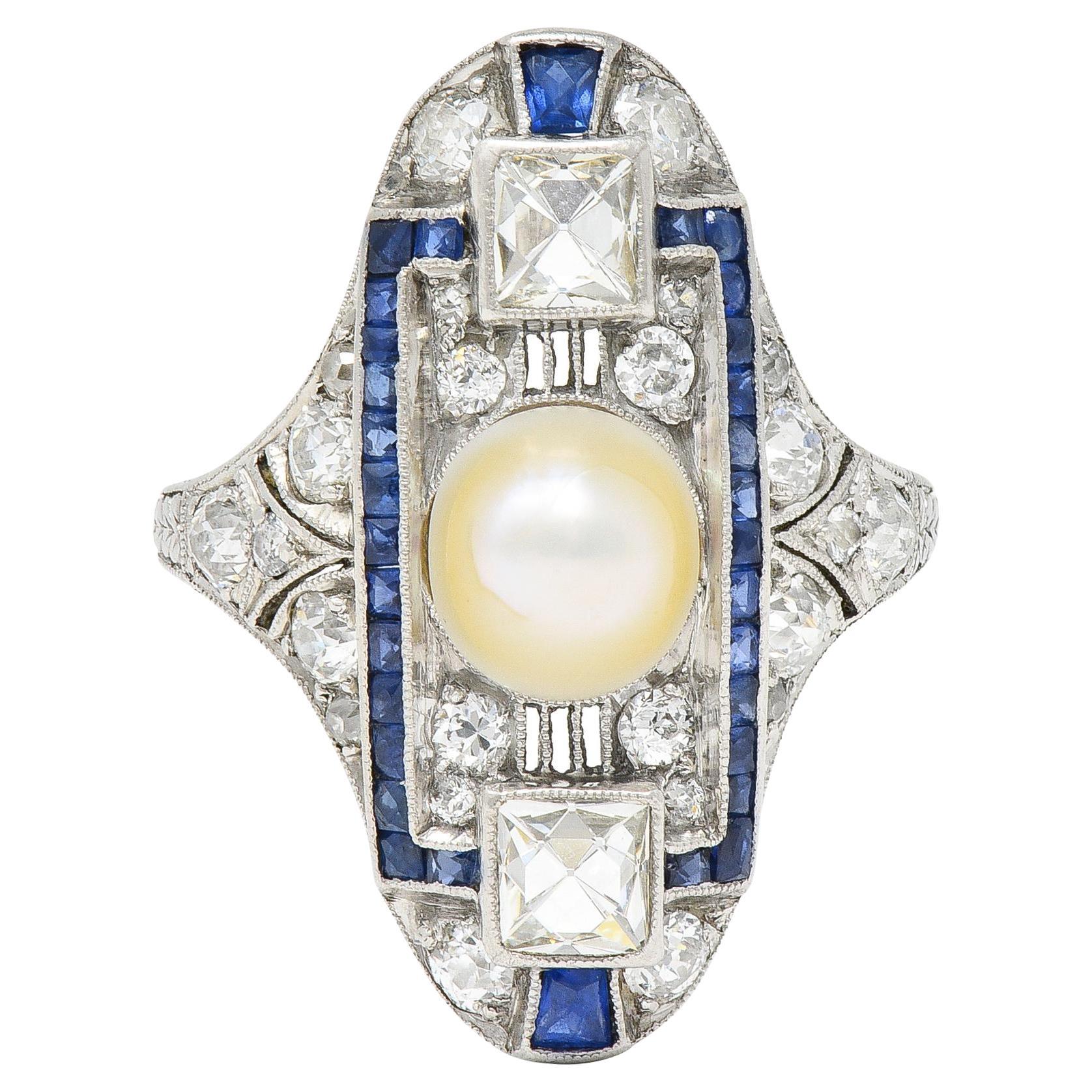 Art Deco 2.48 CTW Natural Pearl Diamond Sapphire Platinum Antique Dinner Ring For Sale at 1stDibs