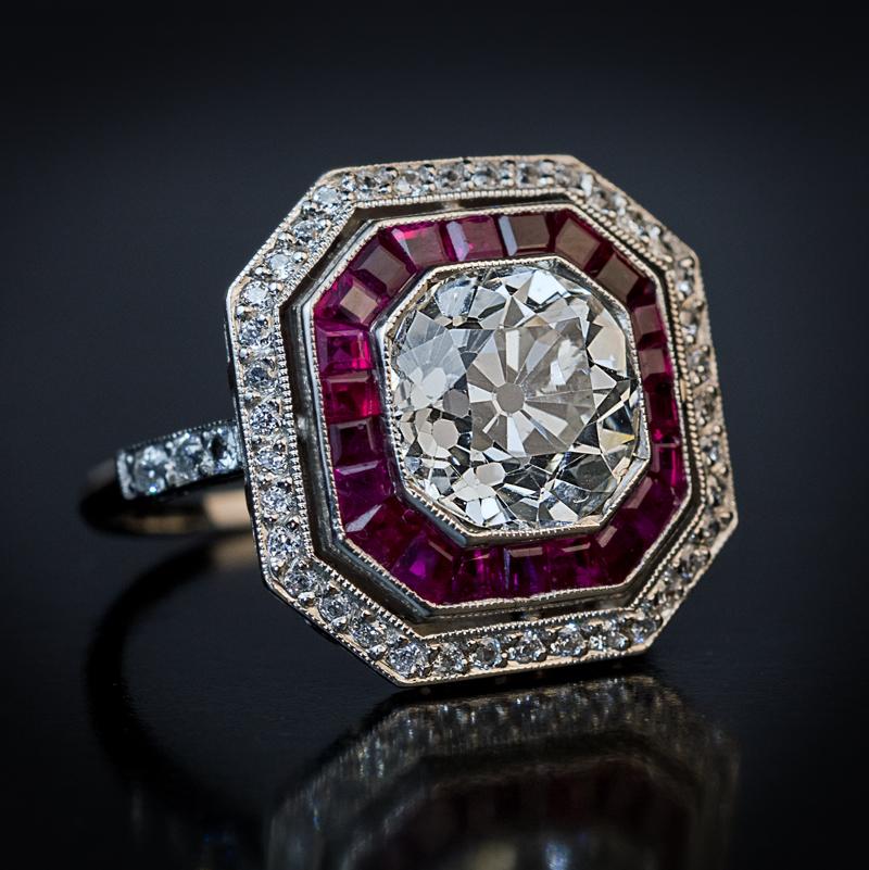 Art Deco 2.67 Carat Diamond Ruby Platinum Engagement Ring at 1stDibs