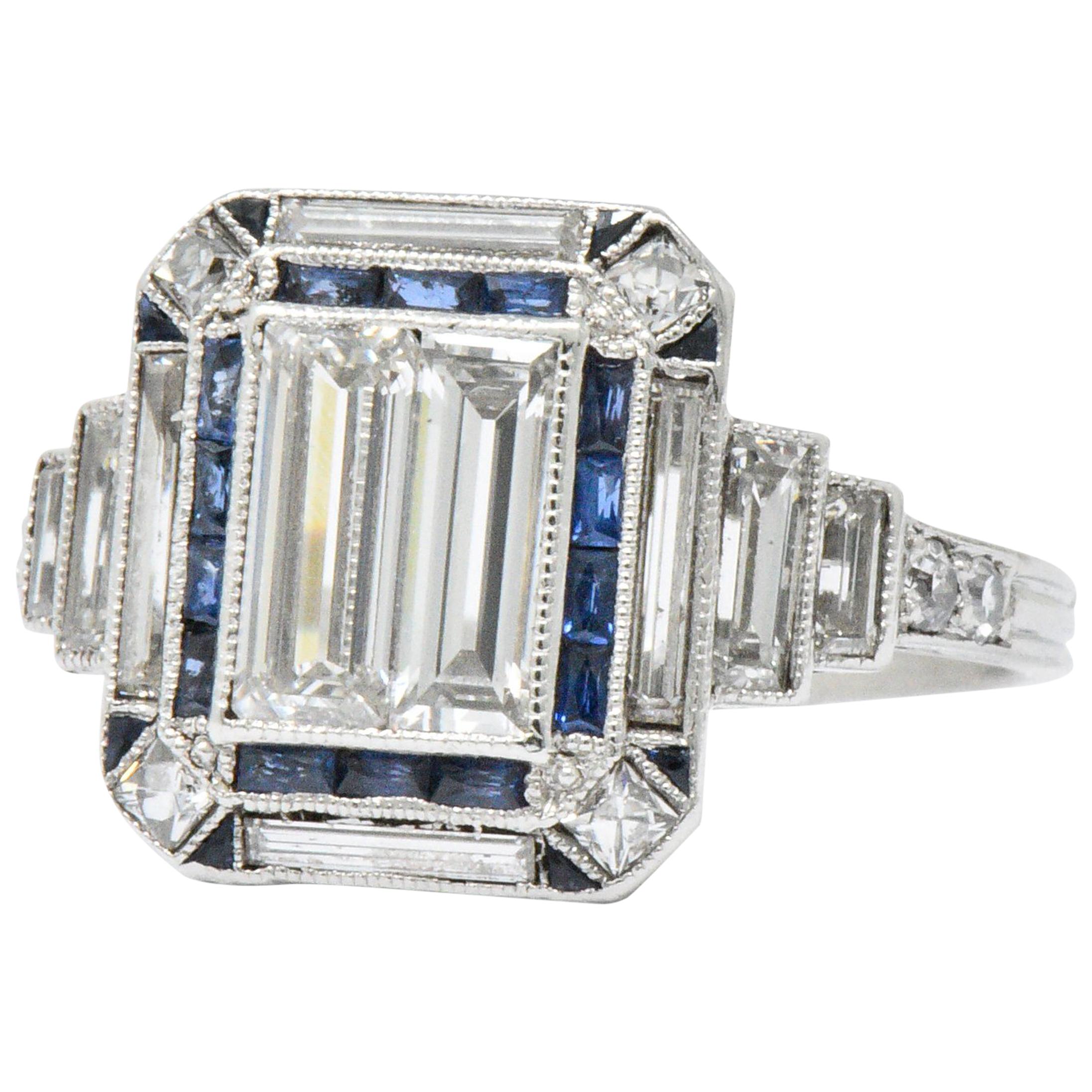 Art Deco 2.90 Carat Diamond Sapphire Platinum Engagement Ring at 1stDibs