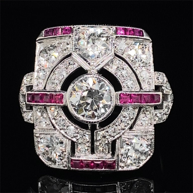 Art Deco 3 Carat Diamond and Ruby Tablet or Plaque Ring in Platinum ...