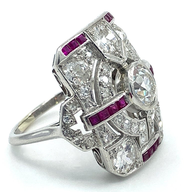 Art Deco 3 Carat Diamond and Ruby Tablet or Plaque Ring in Platinum ...