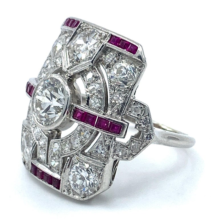 Art Deco 3 Carat Diamond and Ruby Tablet or Plaque Ring in Platinum ...