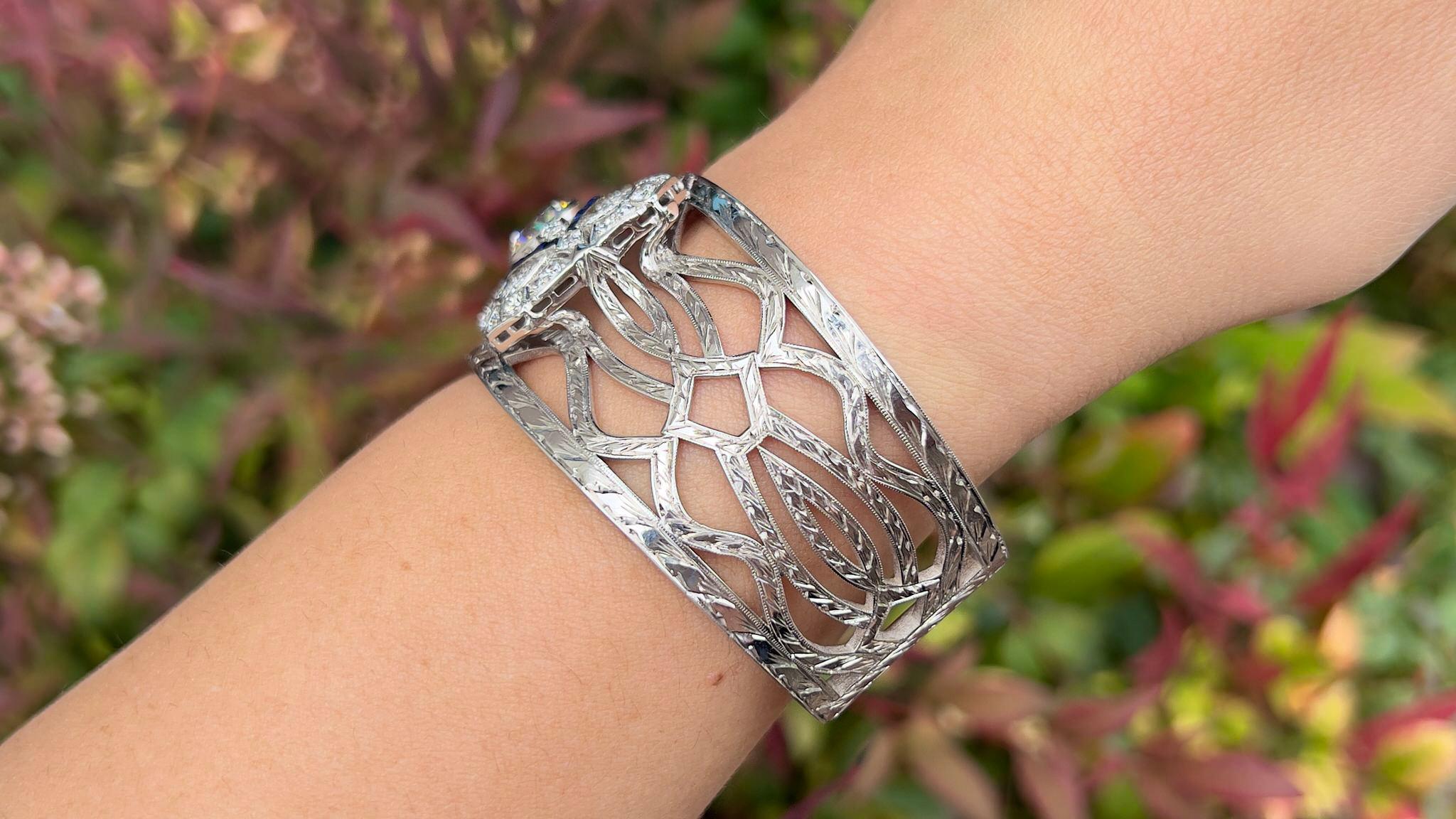 Art Deco 3 Carat Main Diamond Cuff Bracelet Set with Sapphires and ...