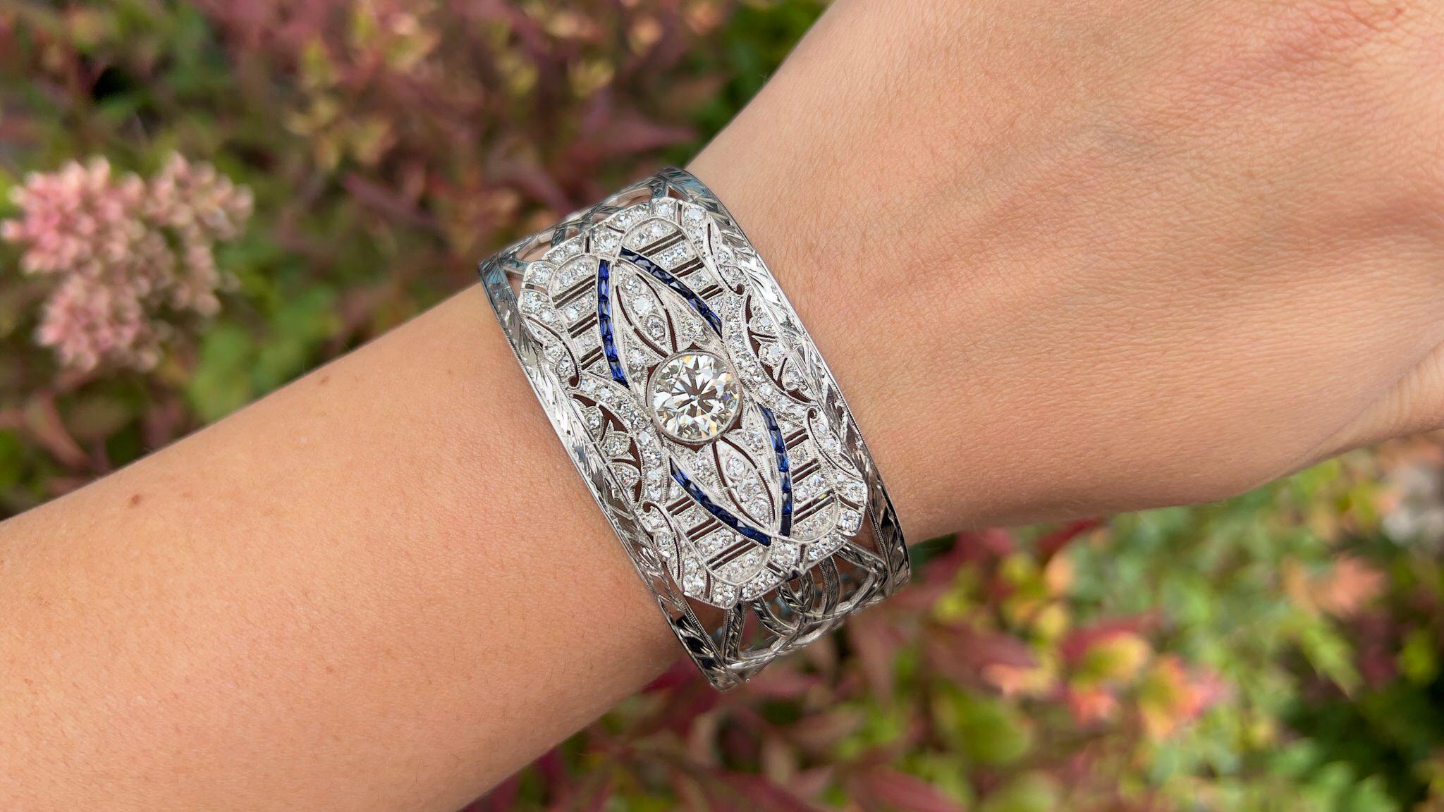 Art Deco 3 Carat Main Diamond Cuff Bracelet Set with Sapphires and ...