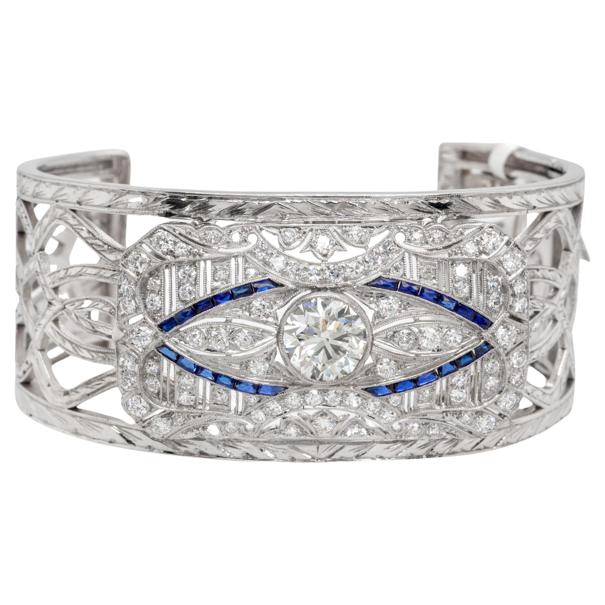 Art Deco 3 Carat Main Diamond Cuff Bracelet Set with Sapphires and ...