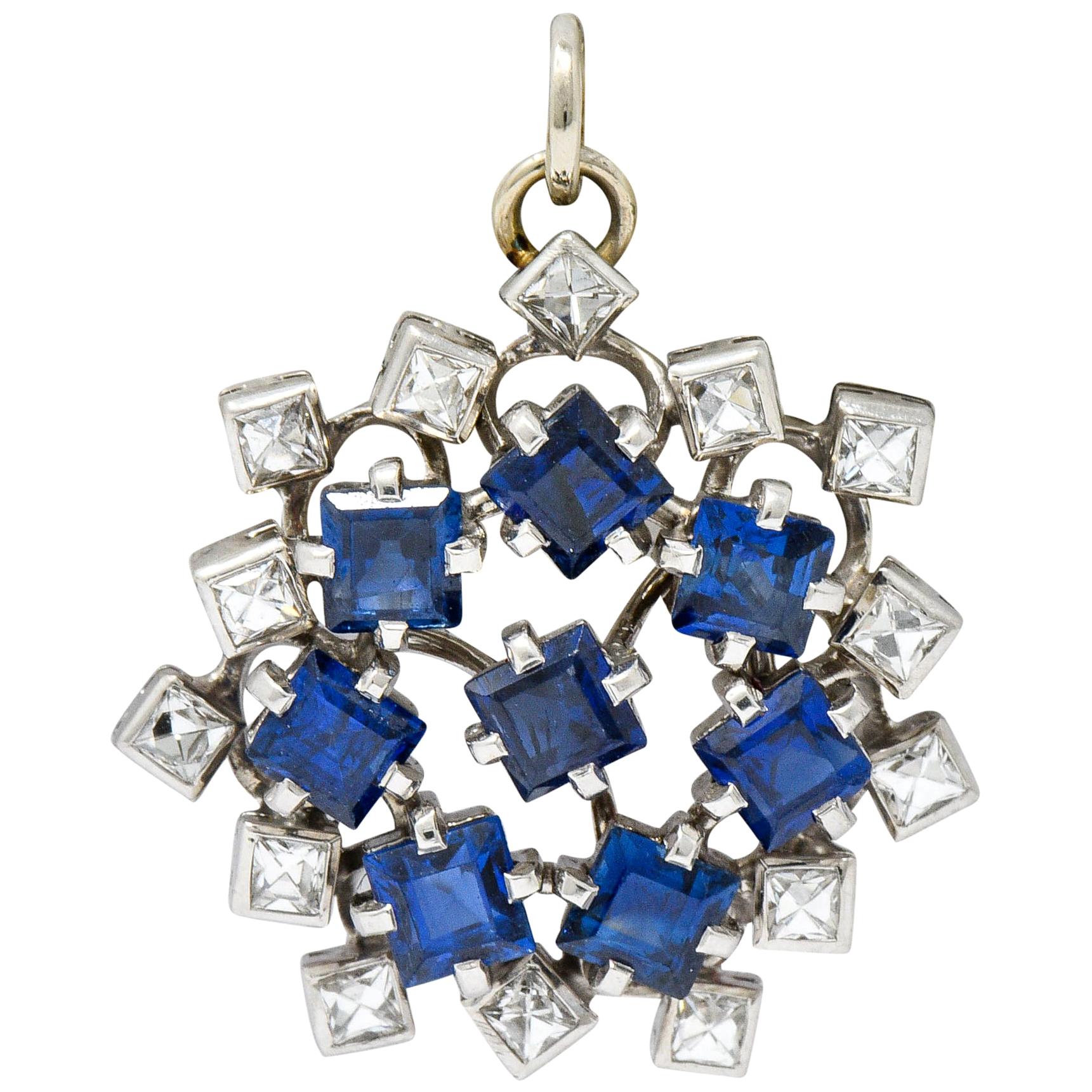 Art Deco 3.18 Carat Sapphire Diamond Platinum Starburst Pendant at 1stDibs