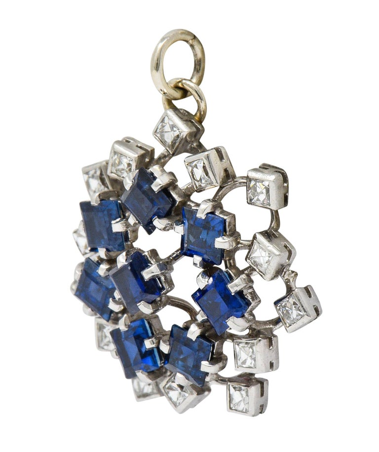 Art Deco 3.18 Carat Sapphire Diamond Platinum Starburst Pendant at 1stDibs
