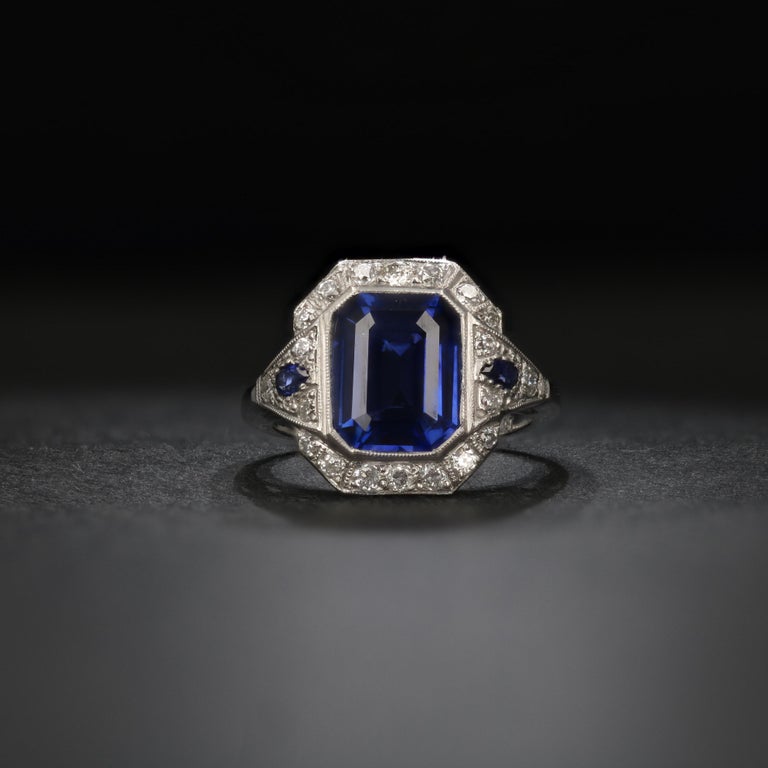 Art Deco Style 3.55 Emerald Cut Blue Sapphire and Diamond Ring at ...