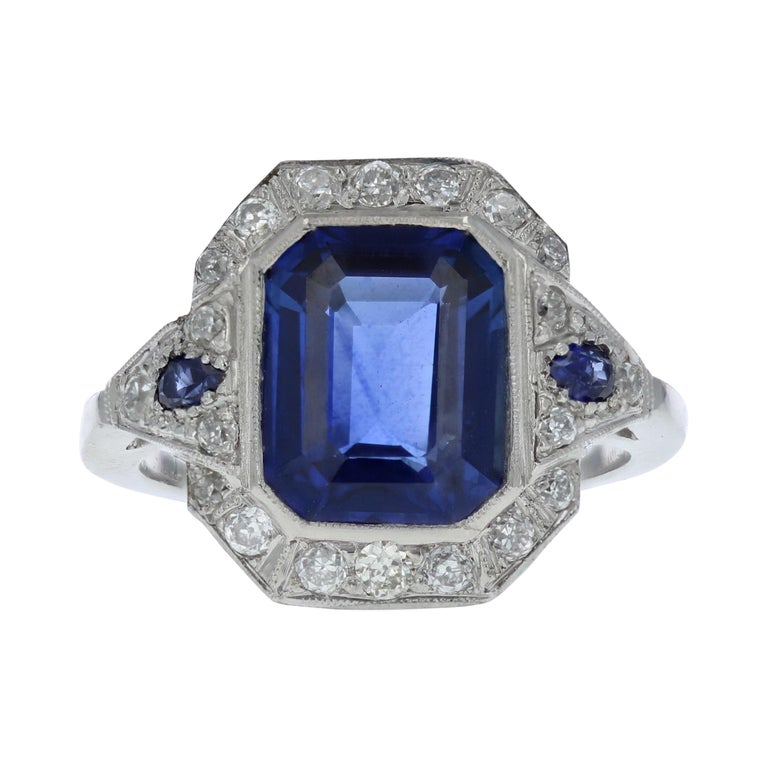 Art Deco Style 3.55 Emerald Cut Blue Sapphire and Diamond Ring at ...