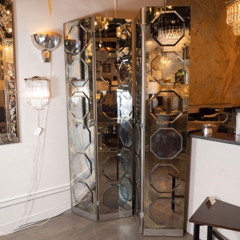 Art Deco 4-Panel Screen Smoked Antique Mirror Screen with Octagonal ...