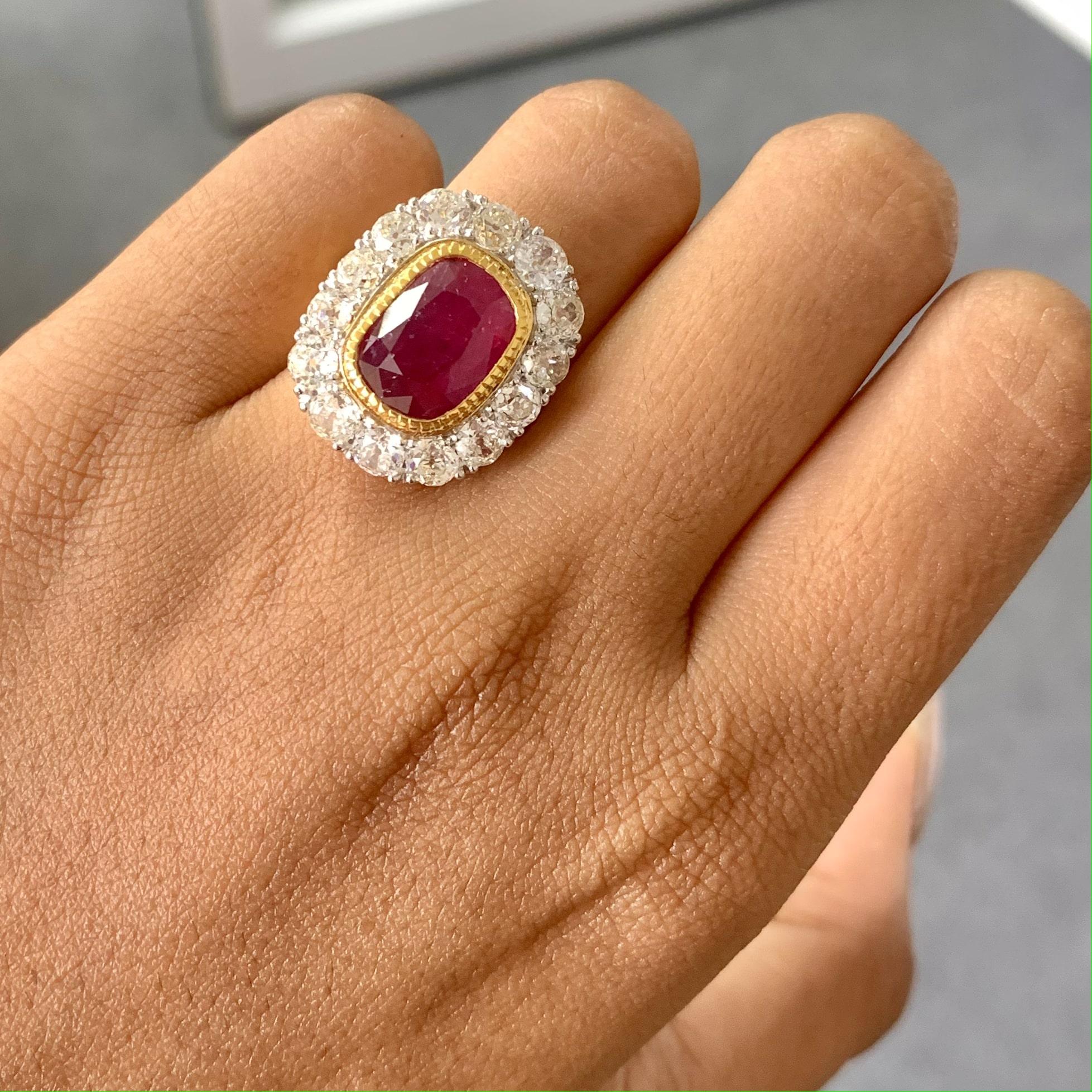 Un-Heated Art Deco 4.35 Carat Ruby Ring with Authentic Old Cut Diamonds ...