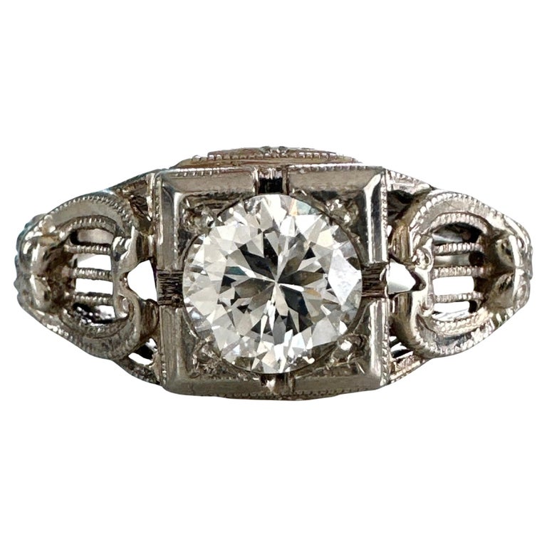 Art Deco .48 Carat Diamond 18k Engagement Ring For Sale at 1stDibs