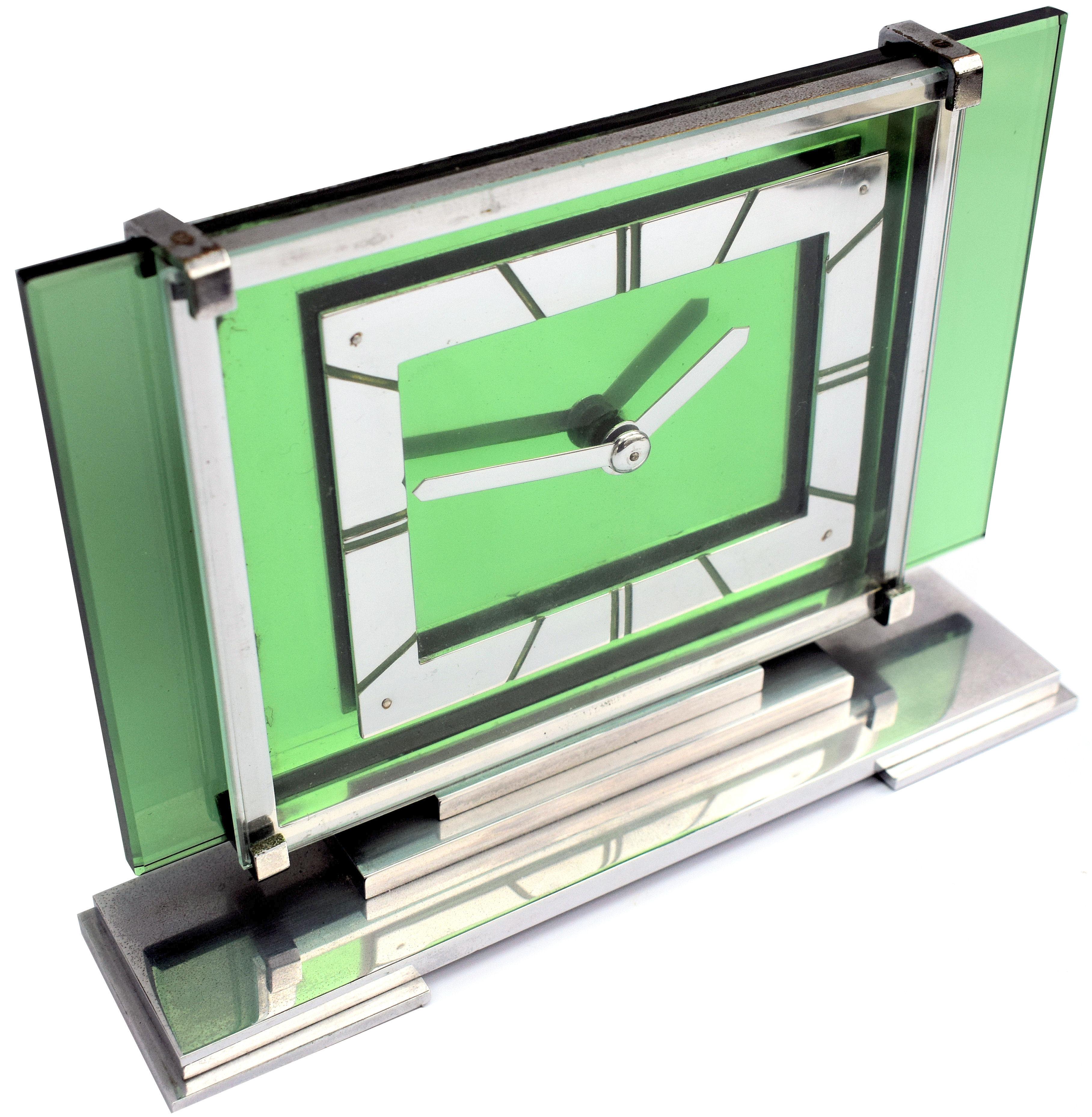 Art Deco 8 Day Green Glass and Chrome Mantle Clock by Ambec, 1930 at ...
